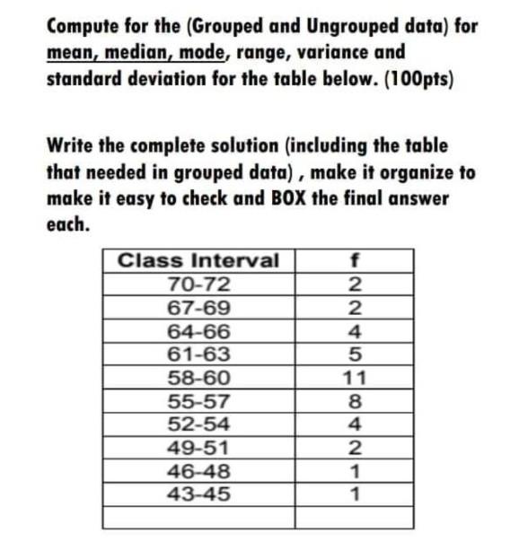 Compute for the (Grouped and Ungrouped data) for mean, median, mode, range, variance and ...
