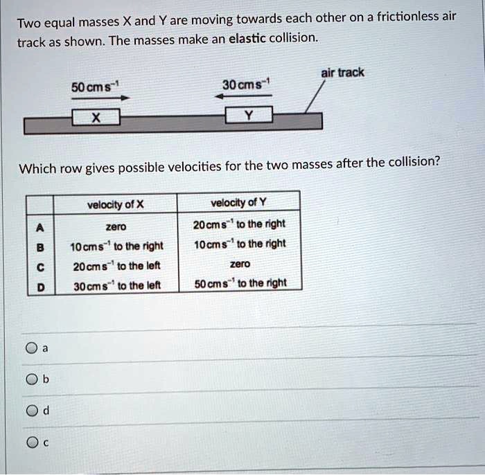 two equal masses xand y are moving towards each other on a frictionless air track as shown the ...