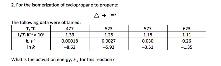 2. For the isomerization of cyclopropane to propene: The following data ...