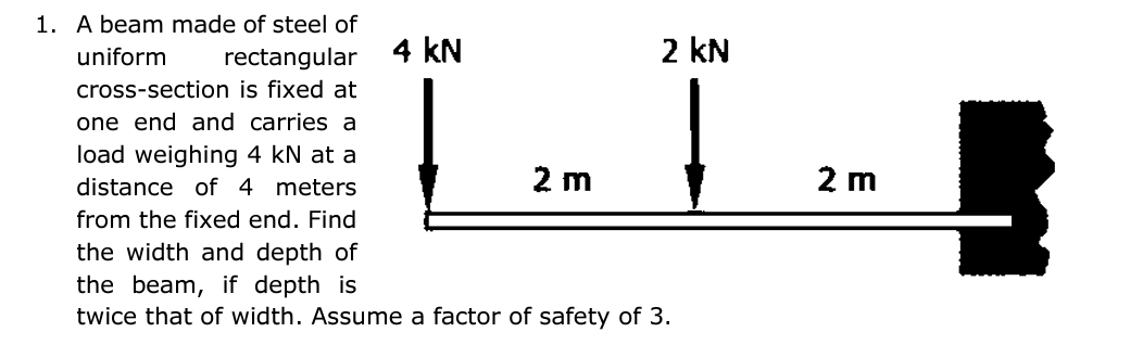 1 a beam made of steel of uniform rectangular cross section is fixed at one end and carries a ...