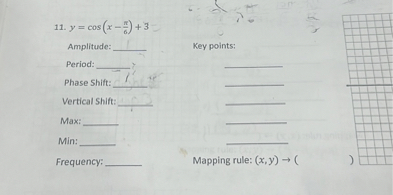 SOLVED: 11. y=cos(x-(π)/(6))+3 Amplitude: Key points: Period: Phase ...