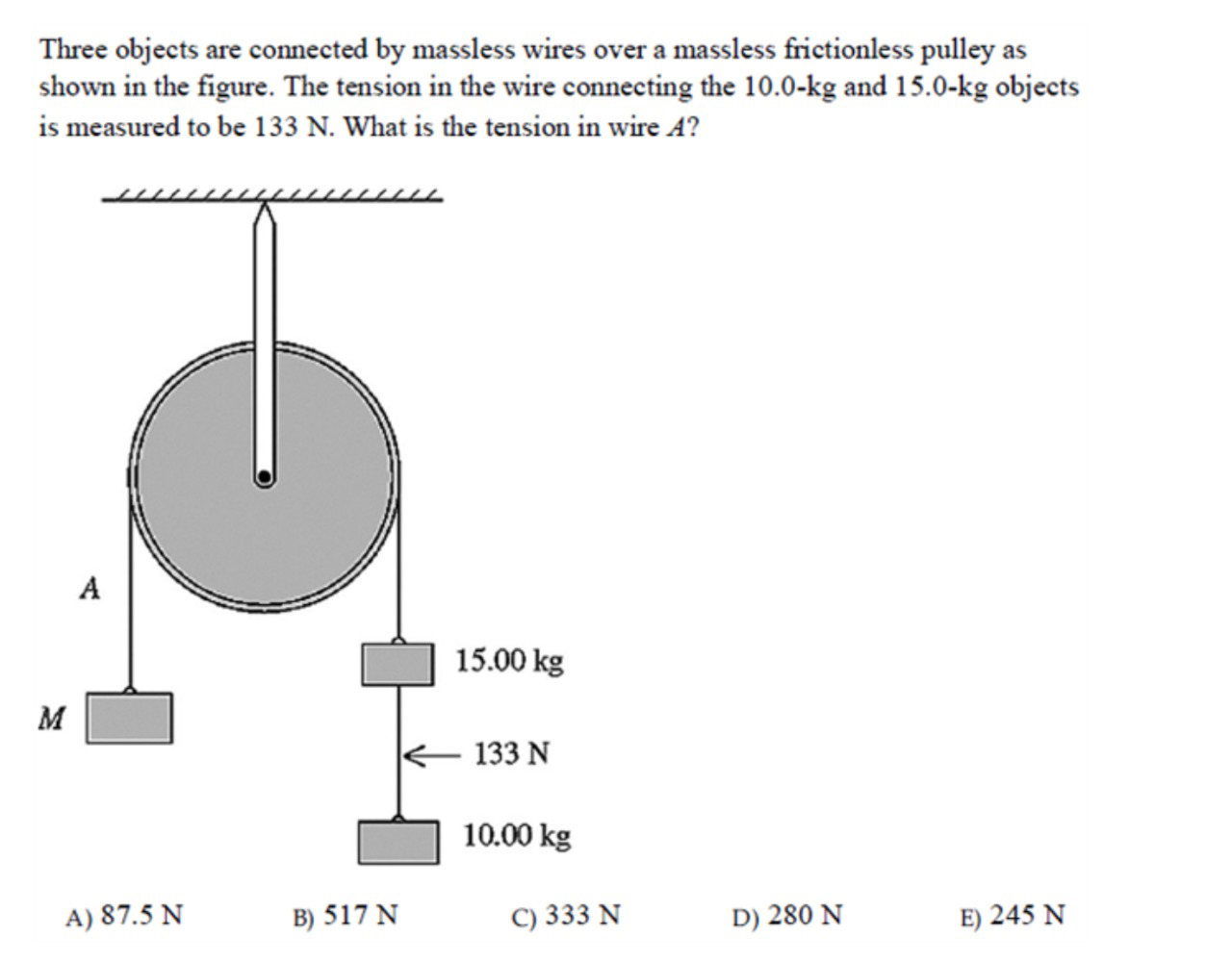 Three objects are connected by massless wires over a massless ...