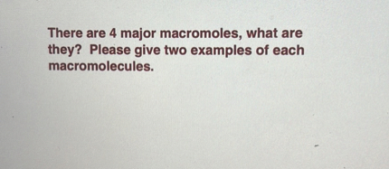 there are 4 major macromoles what are they please give two examples of ...