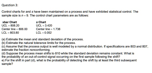 SOLVED: Question 3: Control charts for and have been maintained on ...