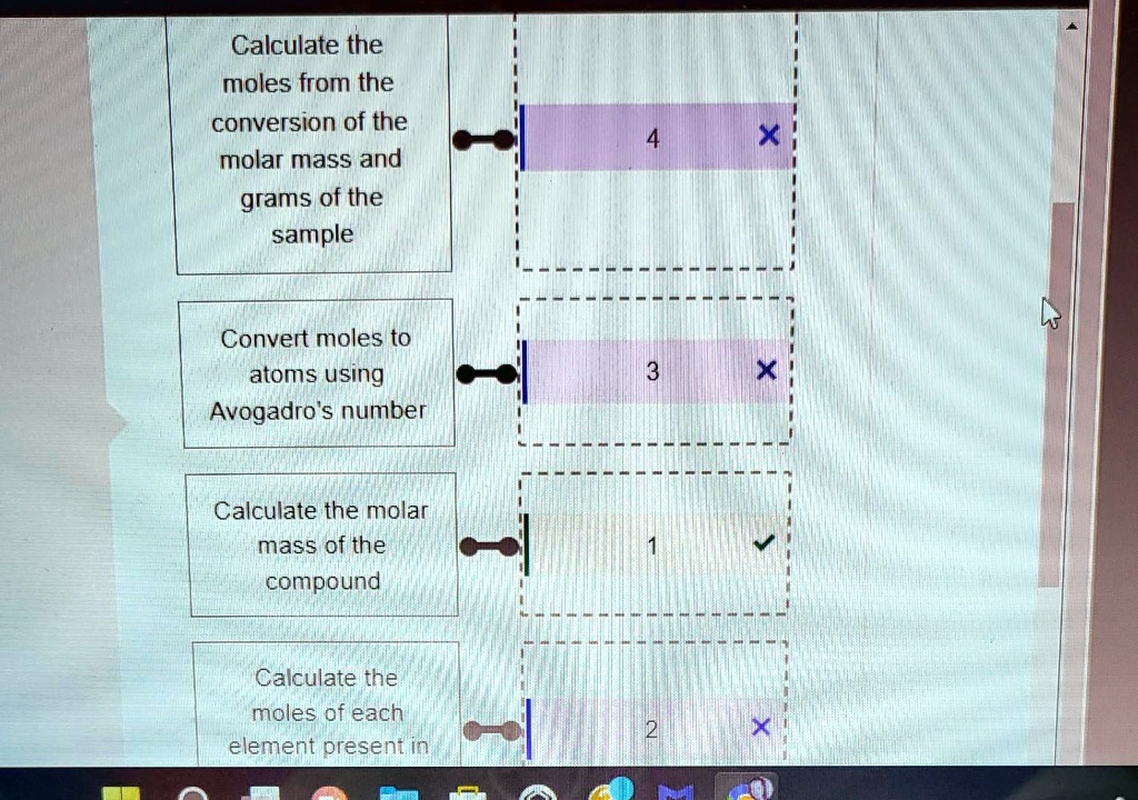 Calculate the moles from the conversion of the molar mass and grams of the sample Convert moles ...