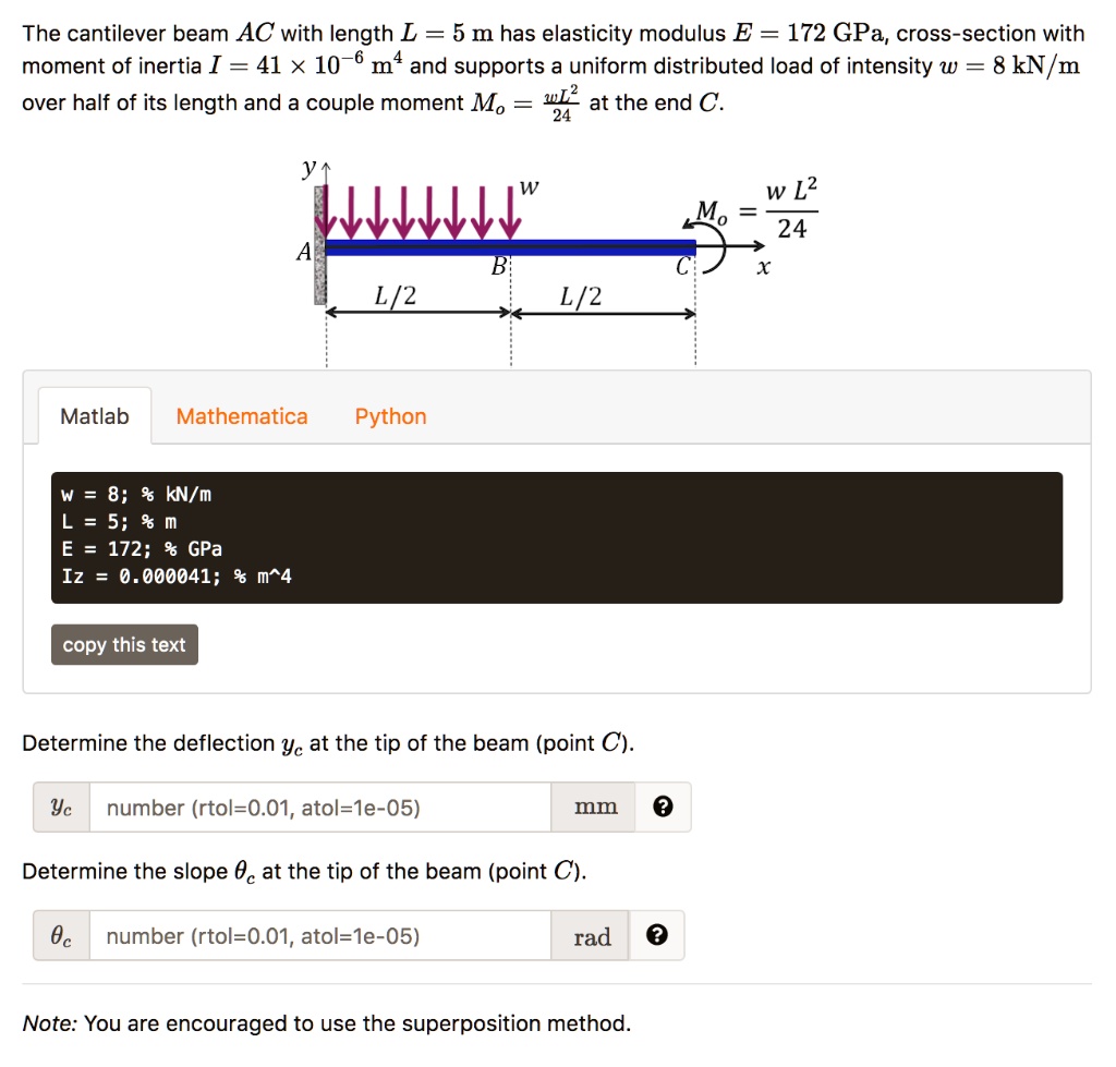 The cantilever beam AC with length L = 5 m has an elasticity modulus E = 172 GPa, a cross ...