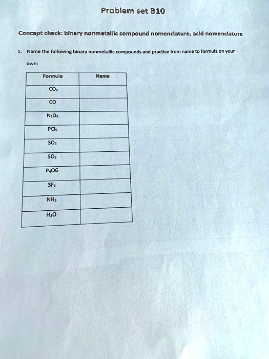 SOLVED: Problem set 810 Concept check: binary nonmeralllc compound nomenclature acid ...
