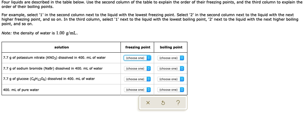 Four liquids are described in the table below: Use the second column of ...