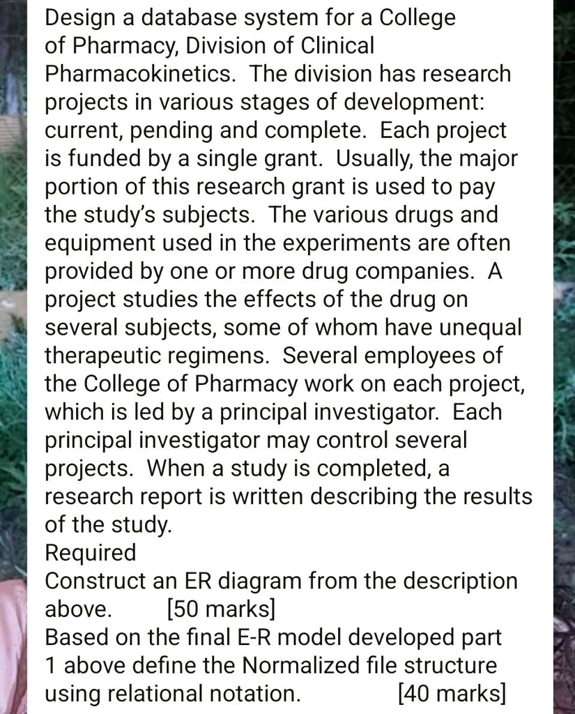 Design a database system for a College of Pharmacy, Division...