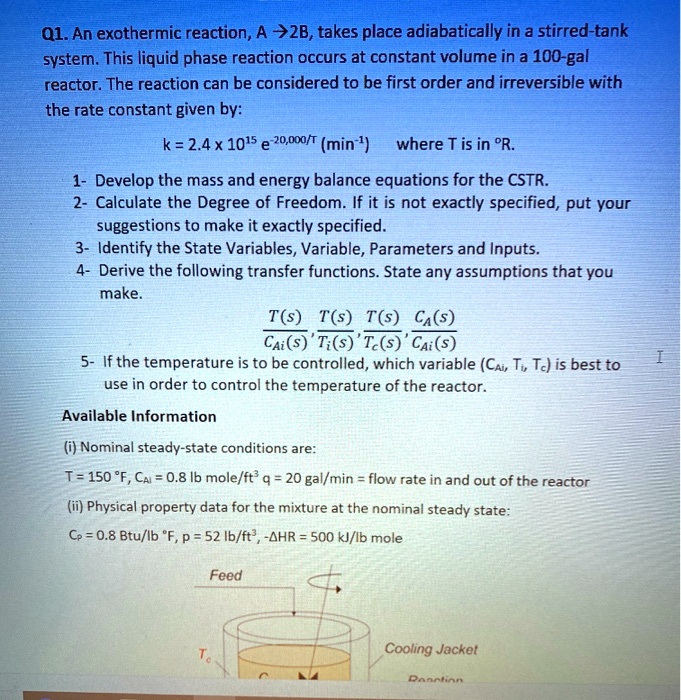 An exothermic reaction A -> 2B takes place adiabatically in a stirred ...