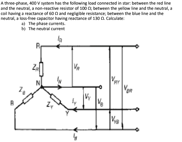 A three-phase, 400 V system has the following load connected in star ...