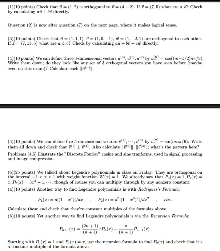 SOLVED: (1)(10 points) Check that u = (1.2) is orthogonal to = (4,-2 ...
