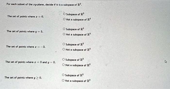 SOLVED: For each subset of they-plane,decide if it is a subspace of O ...