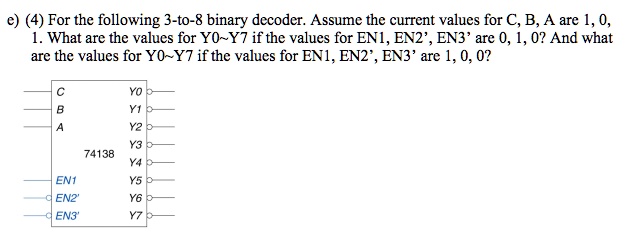 [GET ANSWER] e) (4) For the following 3-to-8 binary decoder. Assume the ...