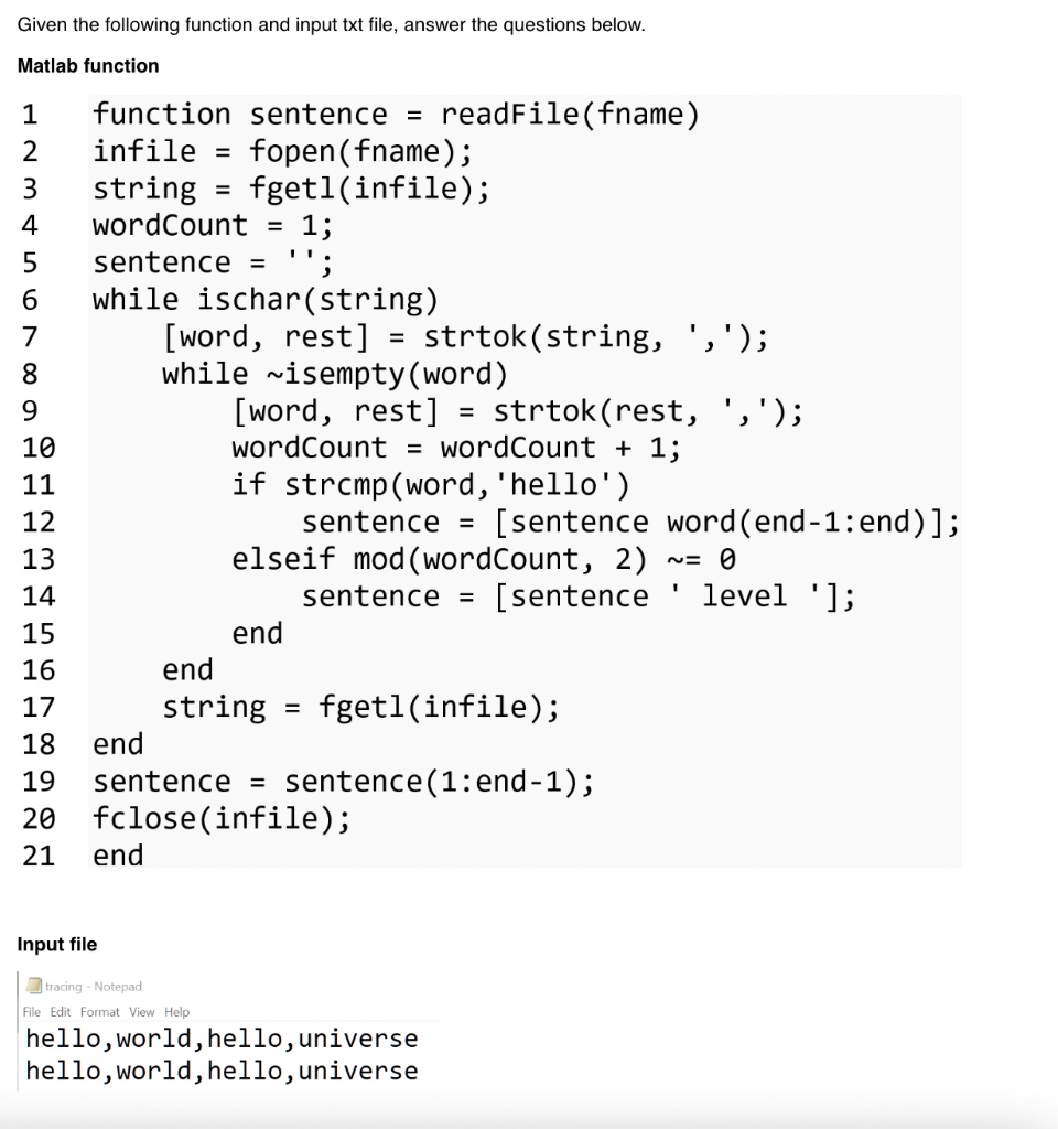 Given The Following Function And Input Txt File Answer The Questions Below Matlab Function 1