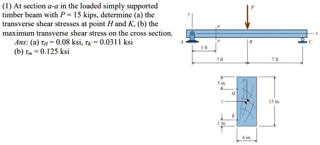 SOLVED: At section a-a in the loaded simply supported timber beam with P = 15 kips, determine (a ...