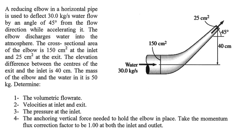 A reducing elbow in a horizontal pipe is used to deflect 30.0 kg/s water flow by an angle of 45 ...