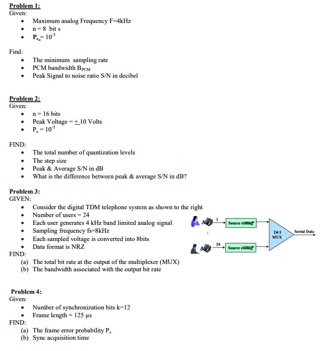 SOLVED: Problem 1: Given: Maximum analog Frequency F = 4 kHz, n = 8 bits, P = 10 s Find: The ...