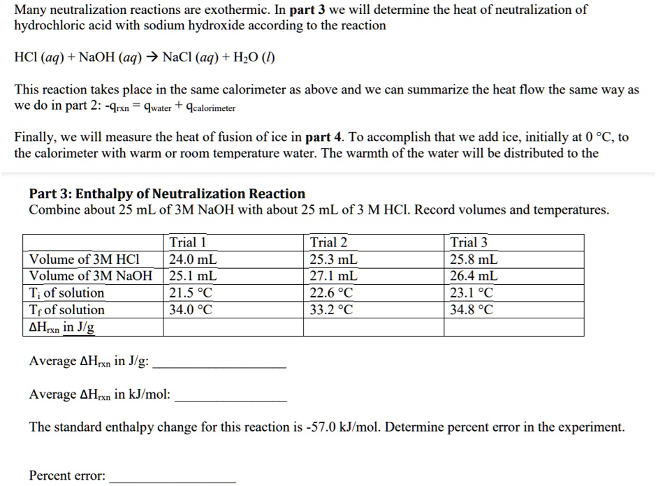 SOLVED: Many neutralization reactions are exothermic. In part 3, we will determine the heat of ...