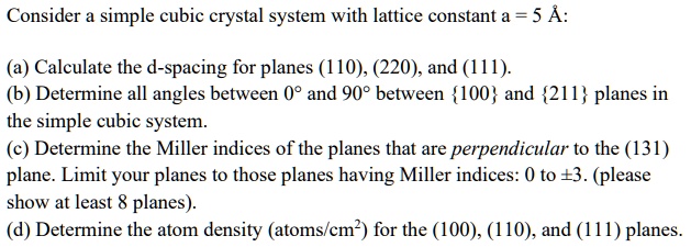 Consider a simple cubic crystal system with lattice constant a = 5 Å ...