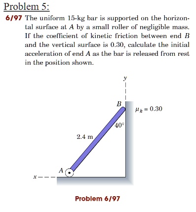 Problem 5: 6/97 The uniform 15-kg bar is supported on the horizontal surface at A by a small ...