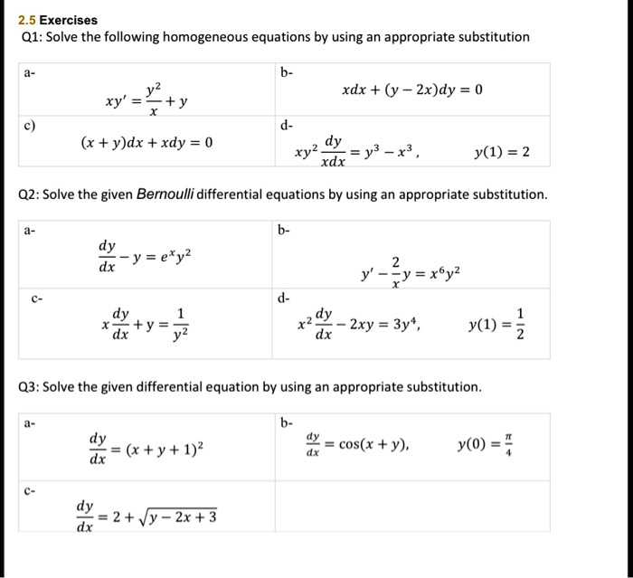 SOLVED: 2.5 Exercises Q1: Solve the following homogeneous equations by ...