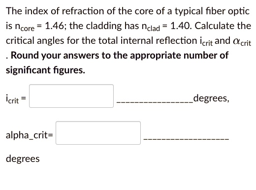 The index of refraction of the core of a typical fiber optic is ncore = 1.46; the cladding has ...