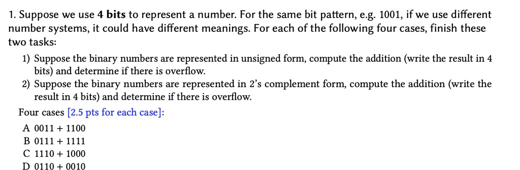 SOLVED: help me 1. Suppose we use 4 bits to represent a number. For the ...