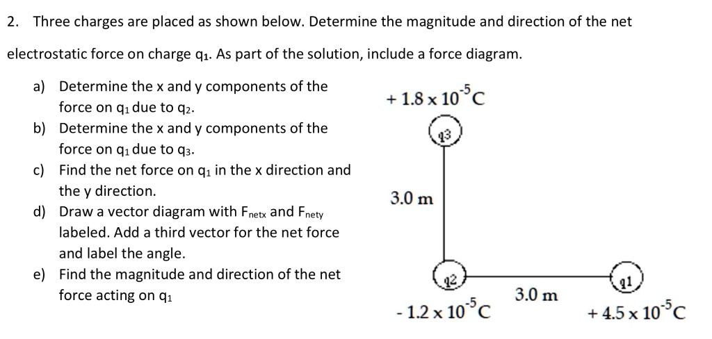 three charges are placed as shown below determine the magnitude and direction of the net ...