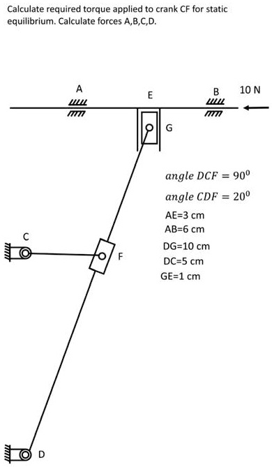 Calculate required torque applied to crank CF for static equilibrium. Calculate forces A,B,C,D ...