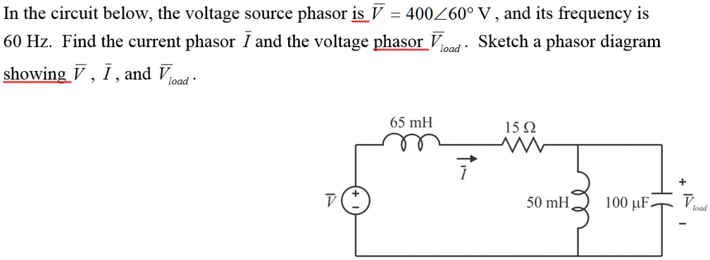 In the circuit below, the voltage source phasor is V̅ = 400∠60^∘ V, and its frequency is 60 Hz ...