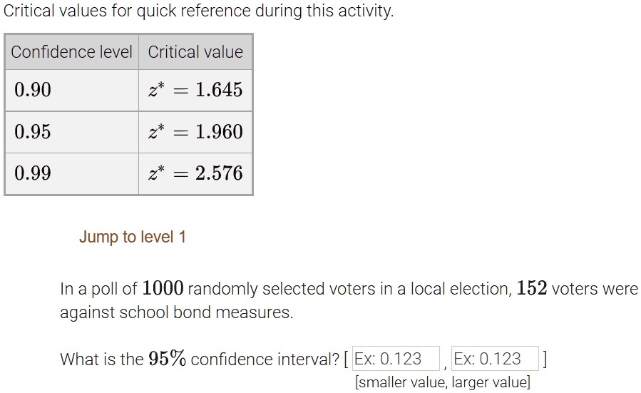 critical values for quick reference during this activity confidence ...