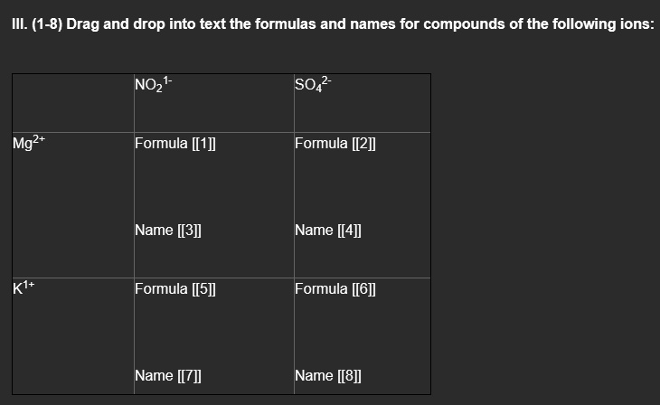 SOLVED:III: (1-8) Drag and drop into text the formulas and names for ...