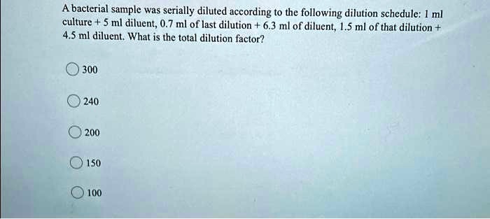 SOLVED: A bacterial sample was serially diluted according to the following dilution schedule: 1 ...