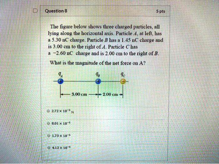 question 8 pts the figure below shows three charged particles all lying along the horizontal ...