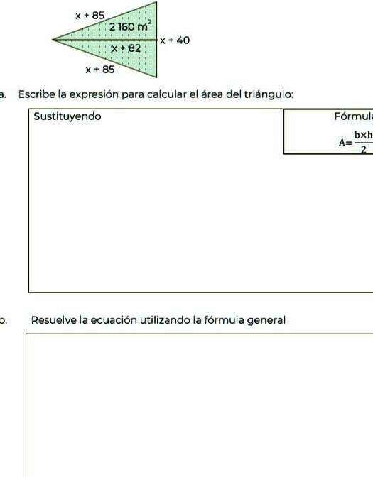 SOLVED: Resuelve la ecuación utilizando la fórmula general 85 2160 m 40 ...