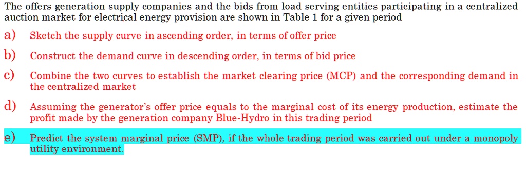 SOLVED: The offers generated by supply companies and the bids from load serving entities ...