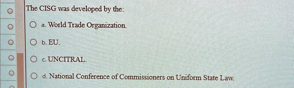 SOLVED: The CISG was developed by the: a. World Trade Organization. b ...
