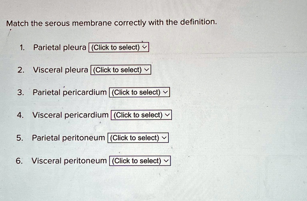 Match the serous membrane correctly with the definition. 1. Parietal ...