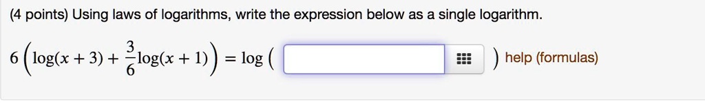 SOLVED:points) Using laws of logarithms, write the expression below as a single logarithm_ 'log ...