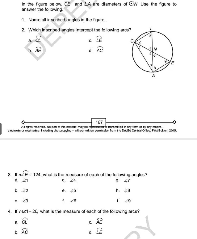 In the figure below, CE and LA are diameters of O: Use the figure to ...