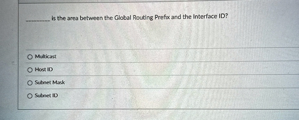 is the area between the Global Routing Prefix and the Interface ID? O Multicast O Host ID O ...