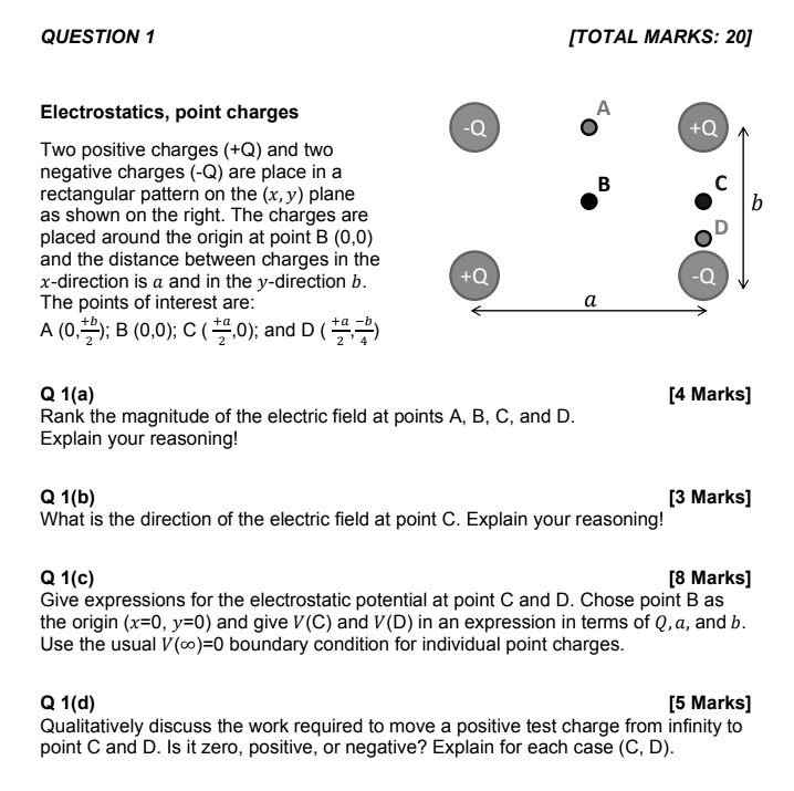 SOLVED: [TOTAL MARKS: 20] Electrostatics, point charges: Two positive charges (+Q) and two ...