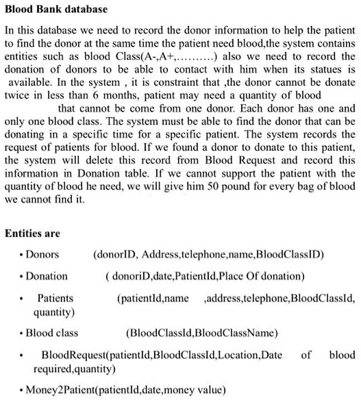SOLVED: Blood Bank Database In this database, we need to record the ...