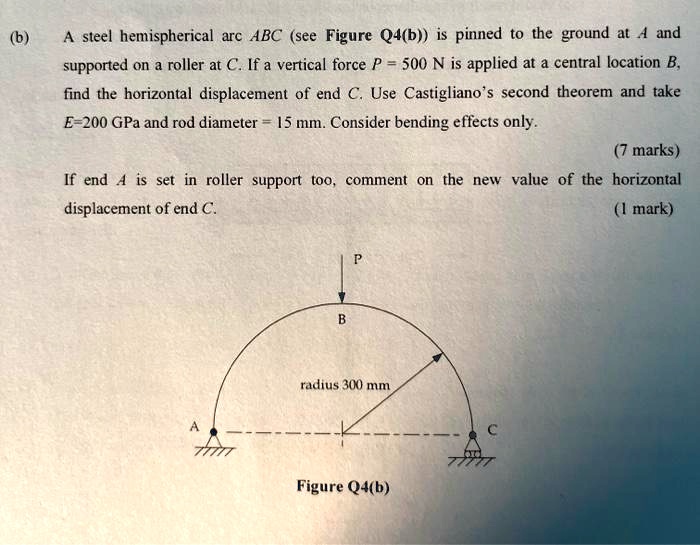 SOLVED: A steel hemispherical arc ABC (see Figure Q4(b)) is pinned to the ground at A and ...