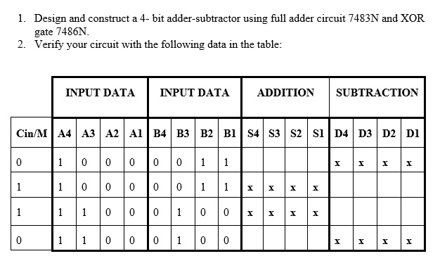 SOLVED: Design and construct a 4-bit adder-subtractor using a full ...