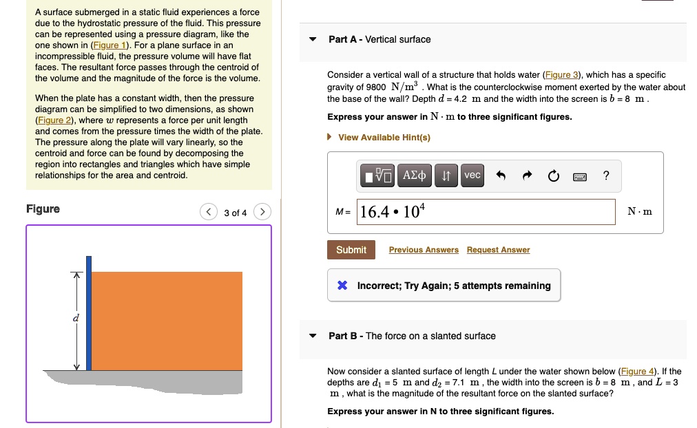 A surface submerged in a static fluid experiences a force due to the ...