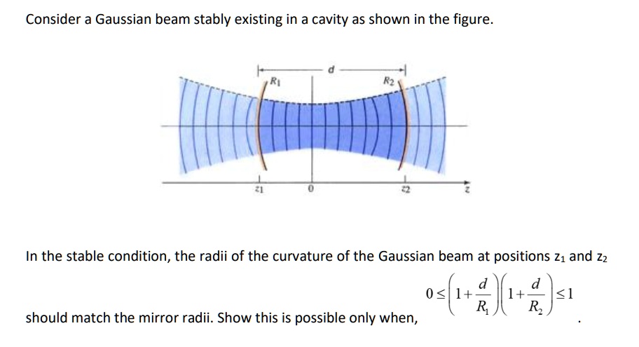 Consider a Gaussian beam stably existing in a cavity as shown in the figure. d R2 R1 z1 0 z2 z ...