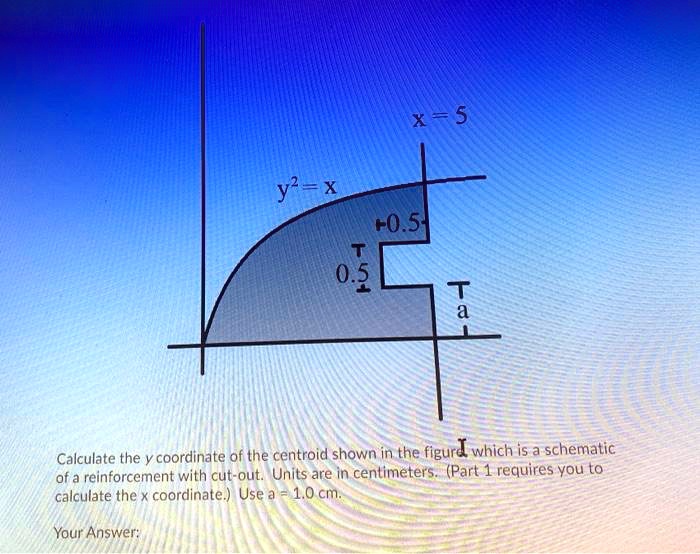 SOLVED: X = 5 X + 0.50 0. Calculate the y-coordinate of the centroid shown in the figure, which ...