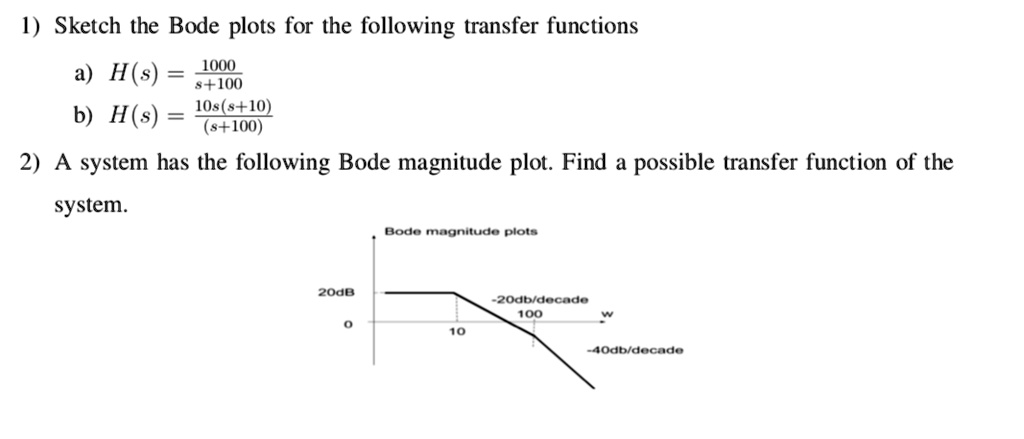 1) Sketch the Bode plots for the following transfer functions a) H(s) = (1000)/(s+100) b) H(s ...